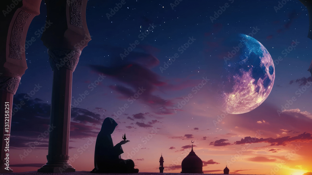 person praying under moonlit sky with large moon on Ramadan,Hari Raya ...