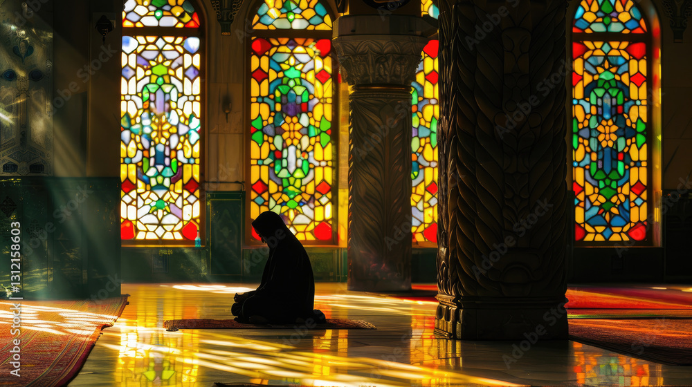 silhouetted figure praying in mosque with colorful windows on Ramadan ...