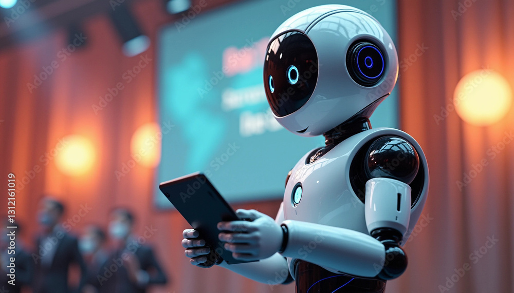 Advanced robot giving a speech at a conference - photo of future ...