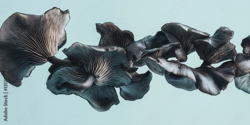 Floating wood ear mushrooms with dark, wrinkled texture on a pale blue ...