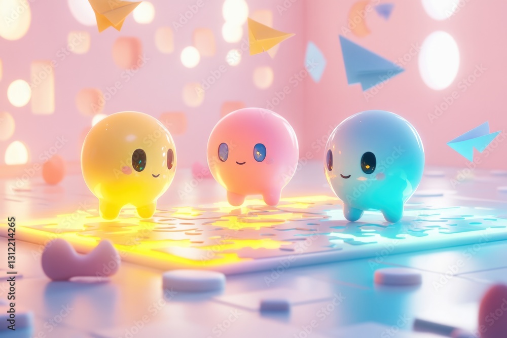 Three cute, pastel-colored blob characters stand on a glowing surface ...