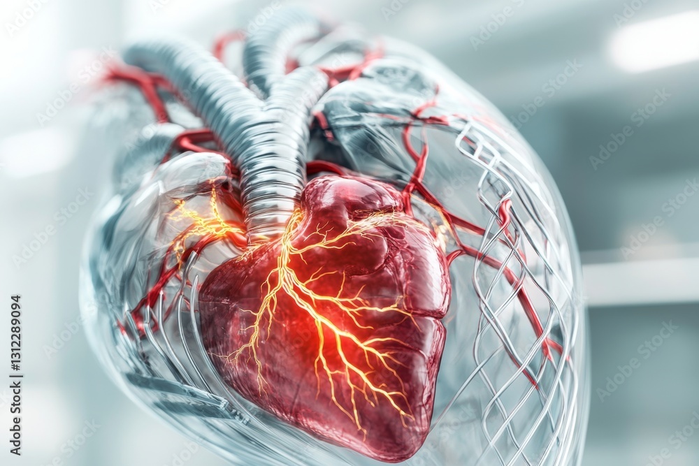 A realistic heart diagram with a labeled stent, showing how it opens up ...