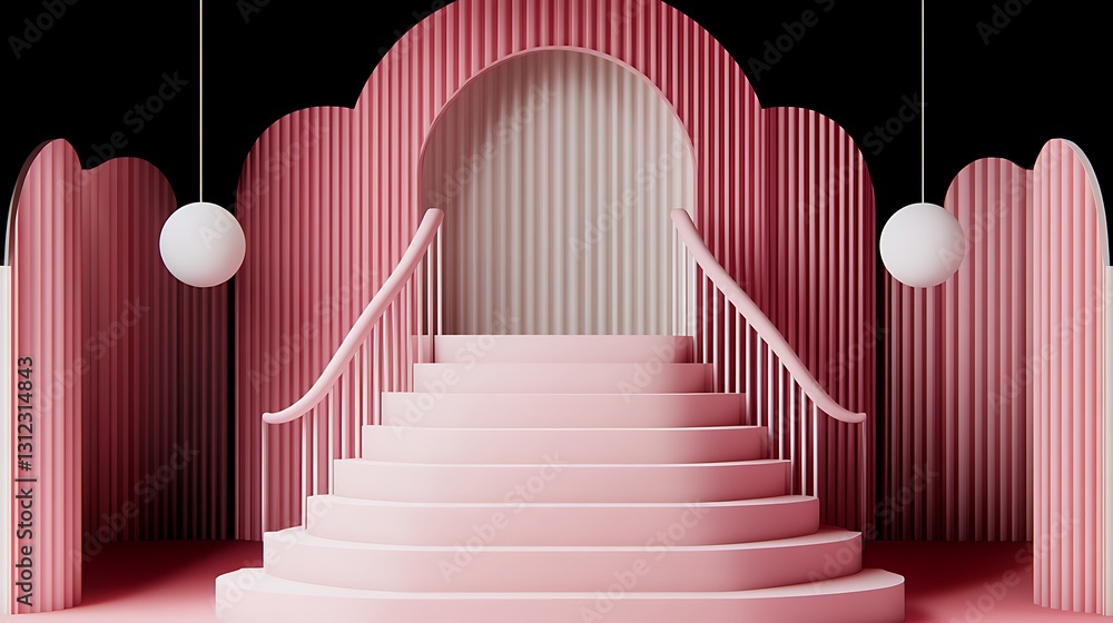 Pink stairs & arch for product placement. Globes hang against black backdrop, creating depth ...