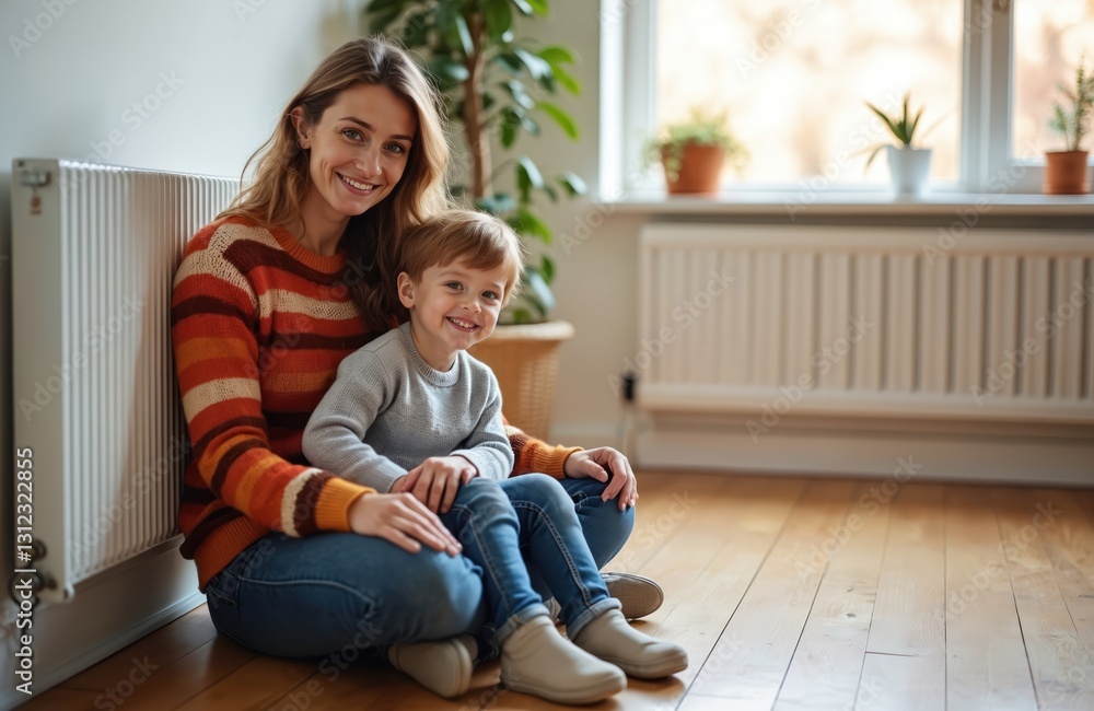 Mom and child in warm clothes sit near radiator indoors. Family warms ...