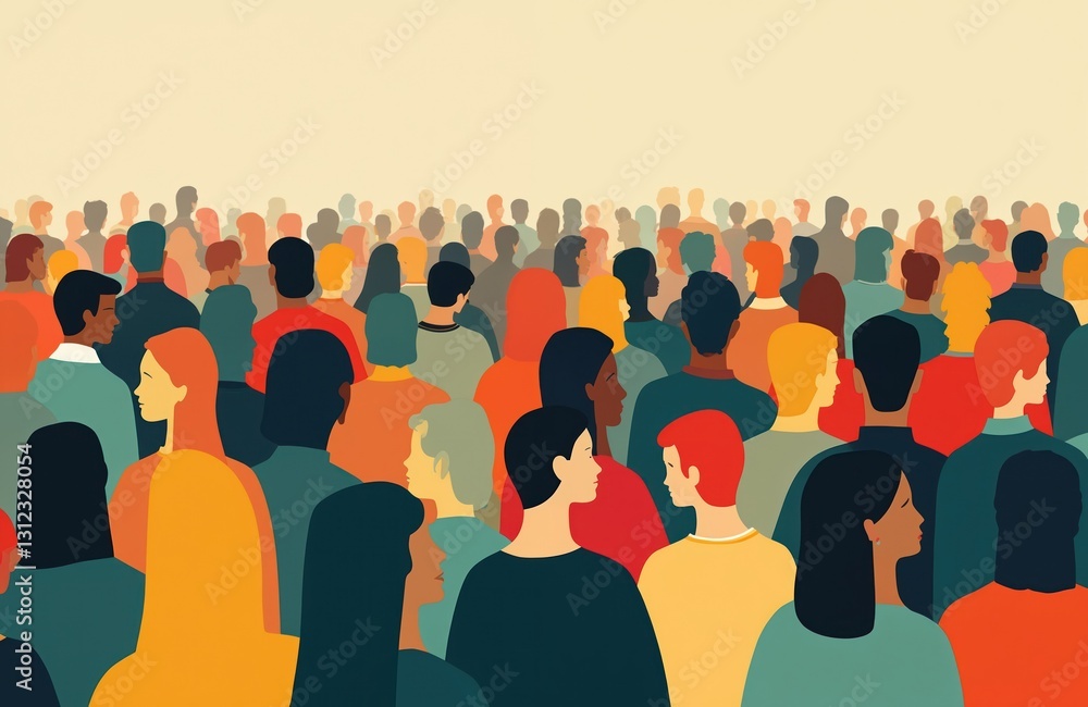 Illustration of diverse crowd of people, many heads. Colorful image ...
