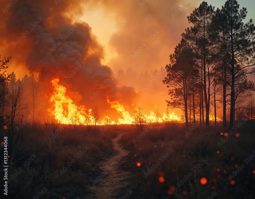 Raging wildfire with billowing smoke, flames spreading destruction ...