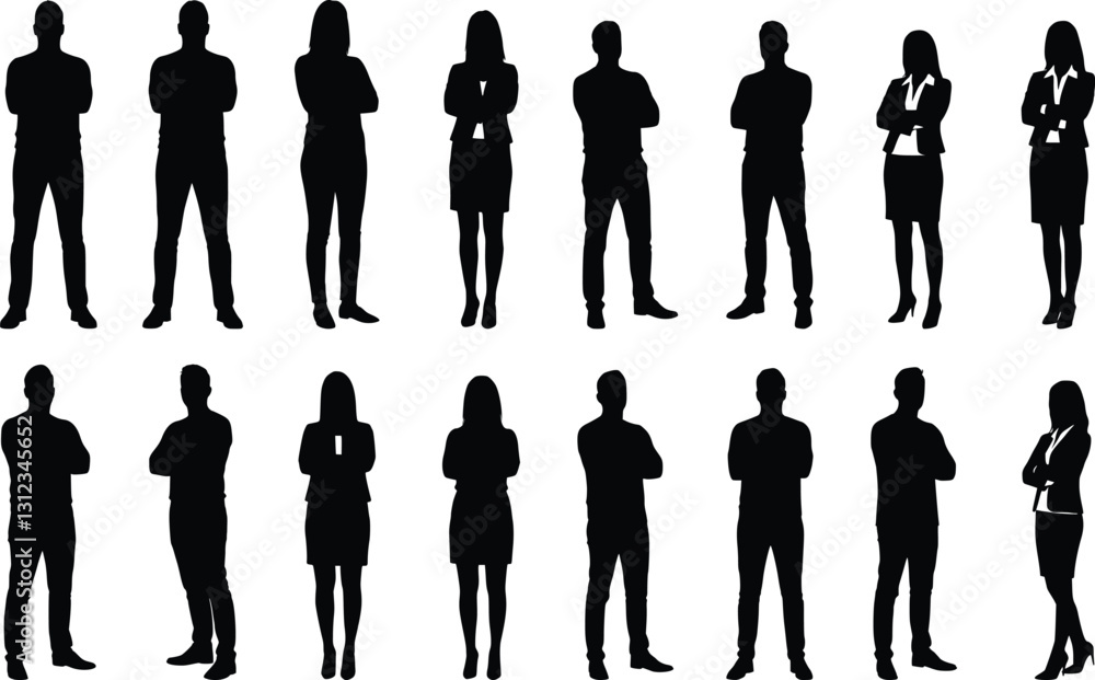 Set of black silhouette illustrations of multiple people standing with ...