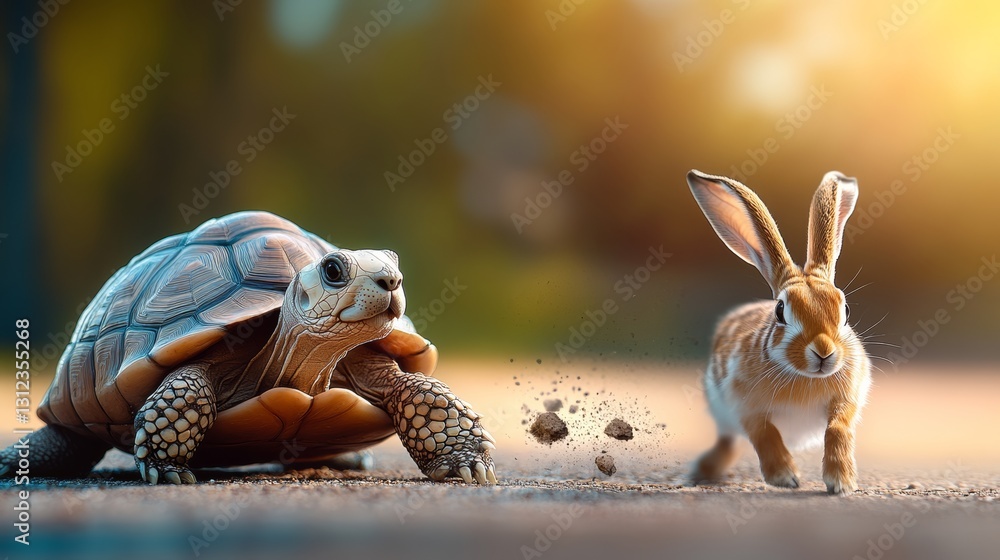 Turtle and a rabbit are running on the ground. The rabbit is faster ...