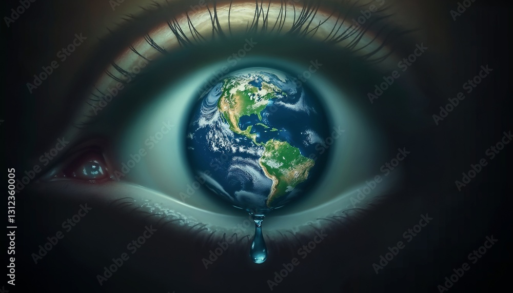 Human eye containing Earth with emotional tear drop in digital art ...