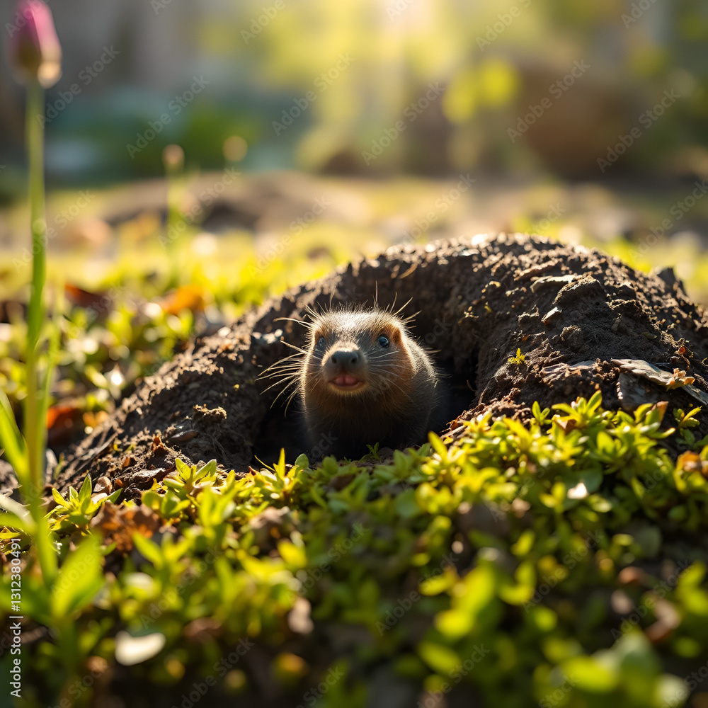 Curious mole emerges from fresh molehill in garden, blinking in ...