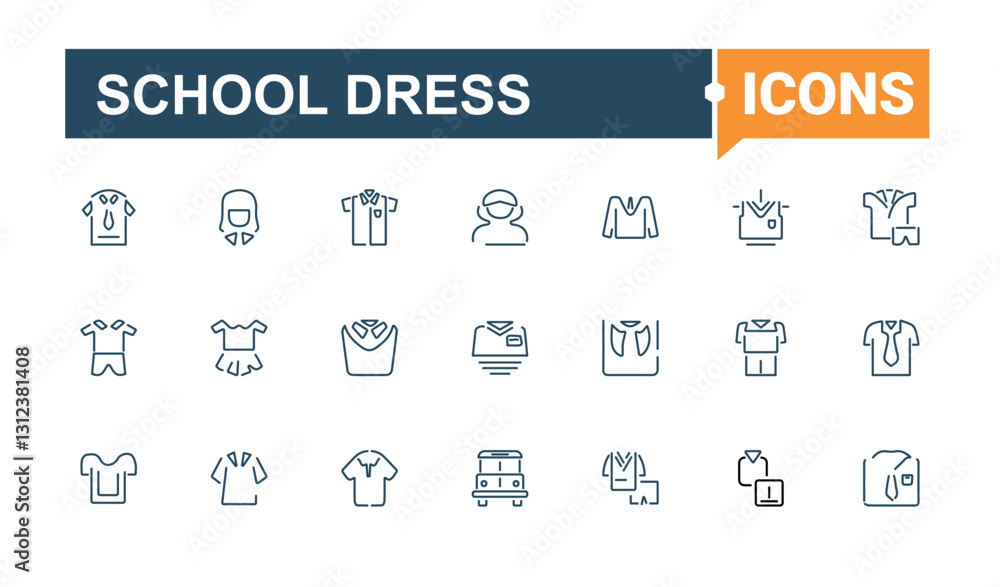 School Dress linear icon collection. Included icons as apparel, primary ...