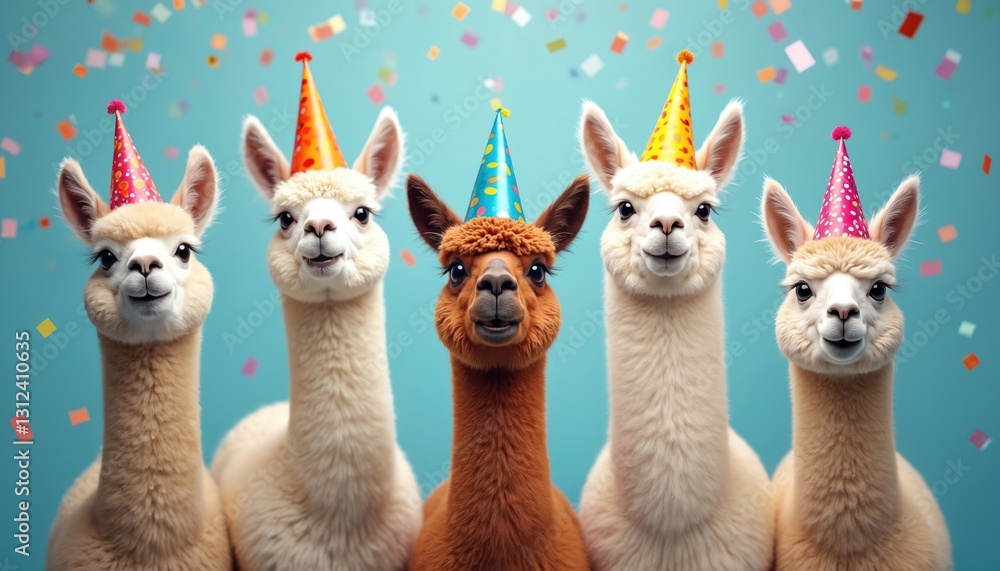 Five alpacas wear birthday hats, celebrate birthday party with confetti ...