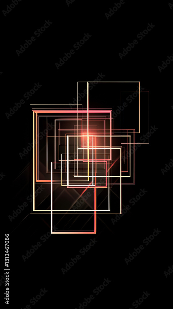 Minimalist neon geometric shapes, glowing lines on a deep black ...