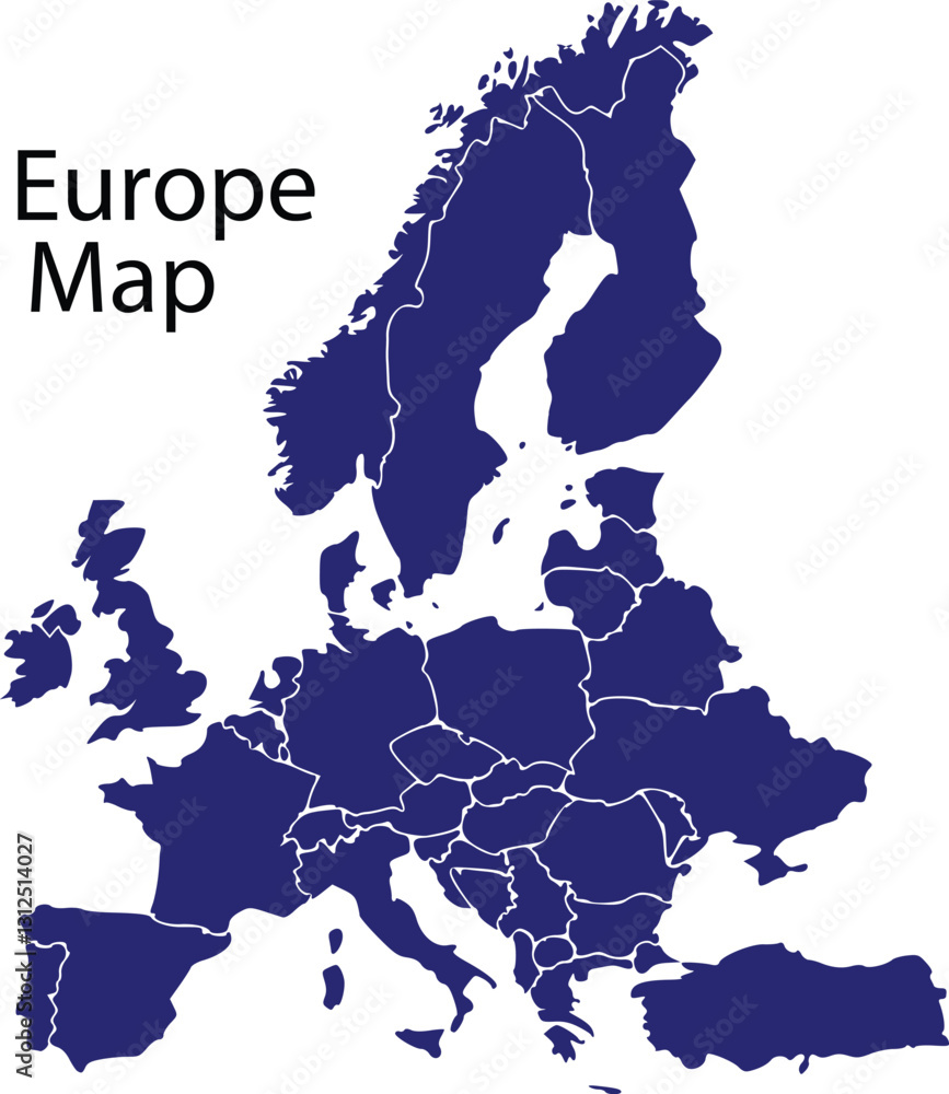Europe map, simplified, dark blue silhouette, white background, country ...