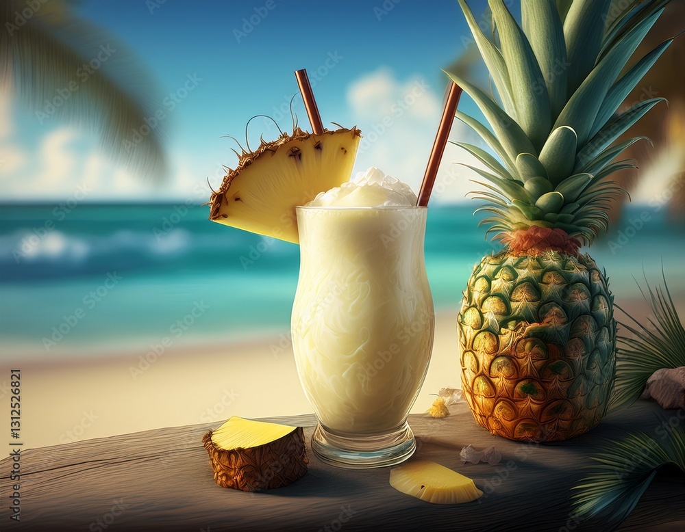 Piña colada en un piña en la orilla de una playa paradisiaca de aguas ...