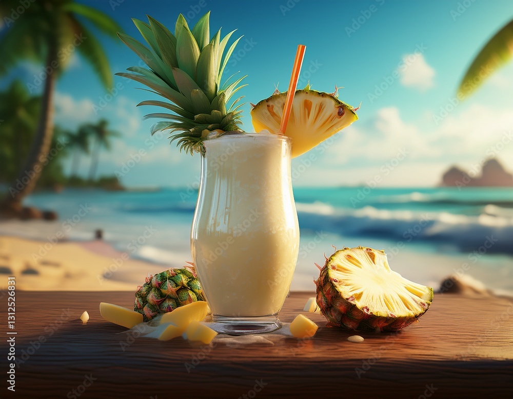 Piña colada en un piña en la orilla de una playa paradisiaca de aguas ...