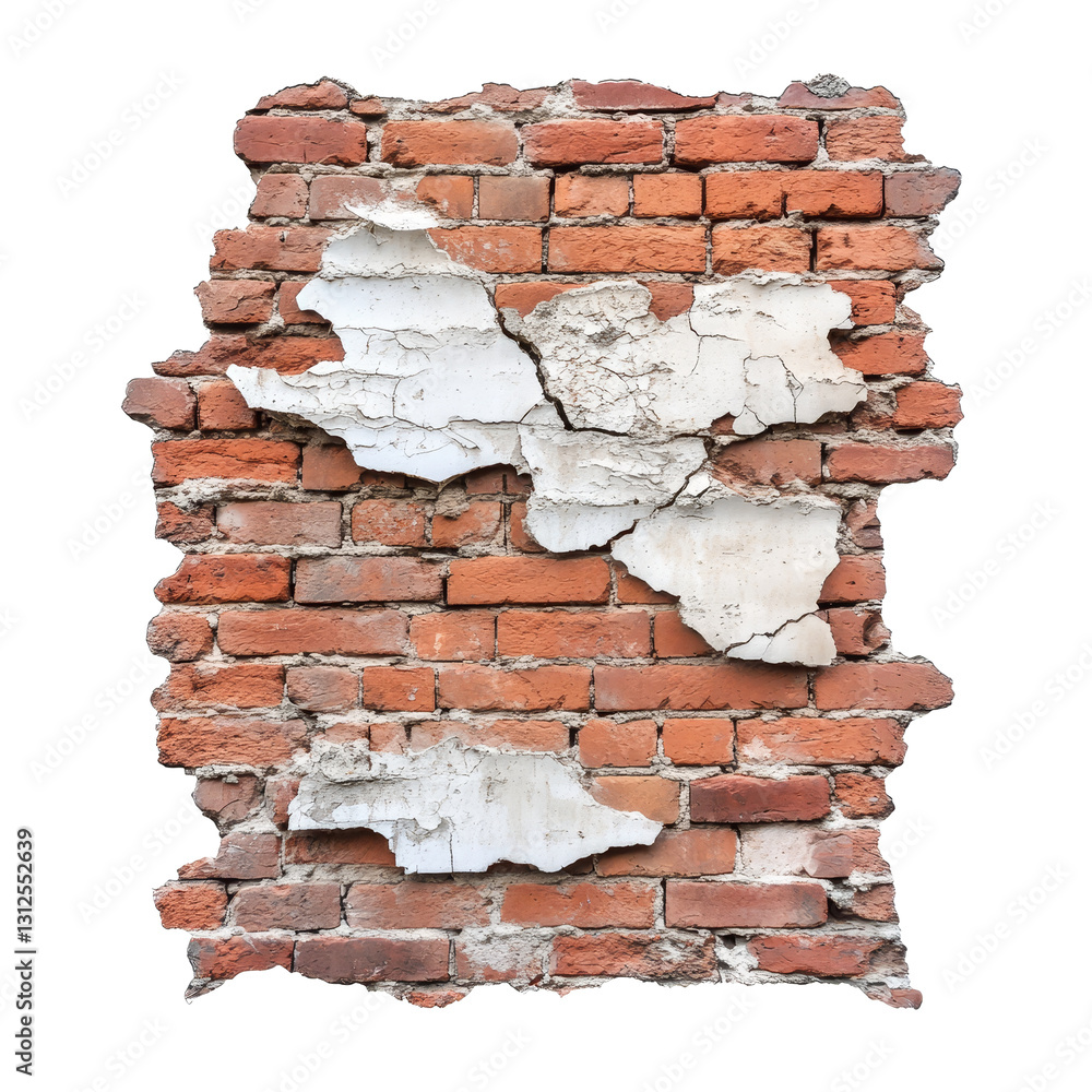 Weathered red brick wall with cracks and peeling plaster revealing layers of history and age ...