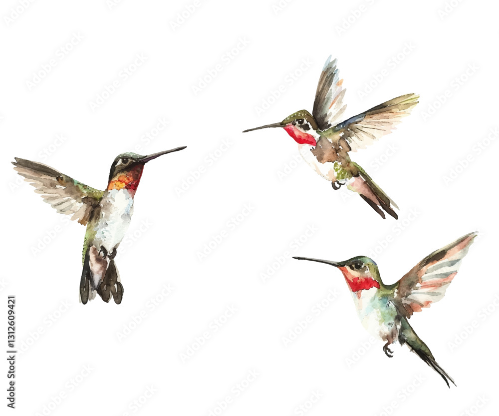 Three ruby-throated hummingbirds in mid-flight vector illustration ...