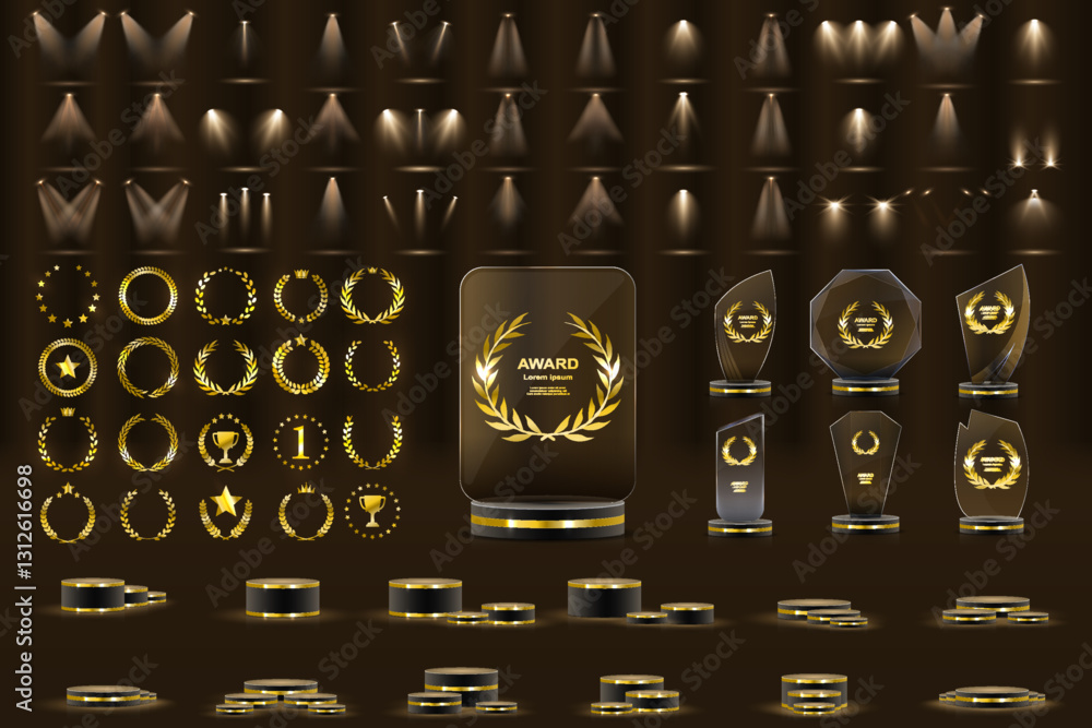 Set of glass award trophy with laurel wreath. Transparent prize ...