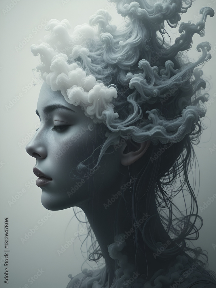 Surreal profile with smoke dissolving from the head, symbolizing mental ...