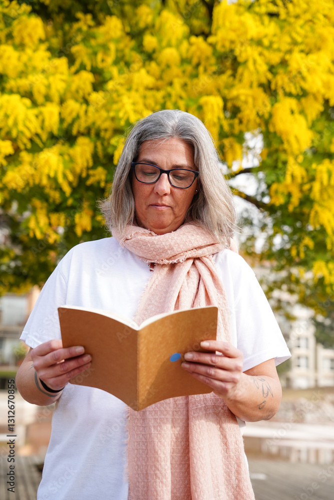 Mature woman reading a story on World Book Day. Sant Jordi, tradition ...
