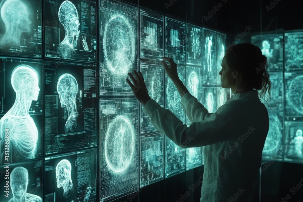 Scientist interacts with interactive holographic displays of human ...