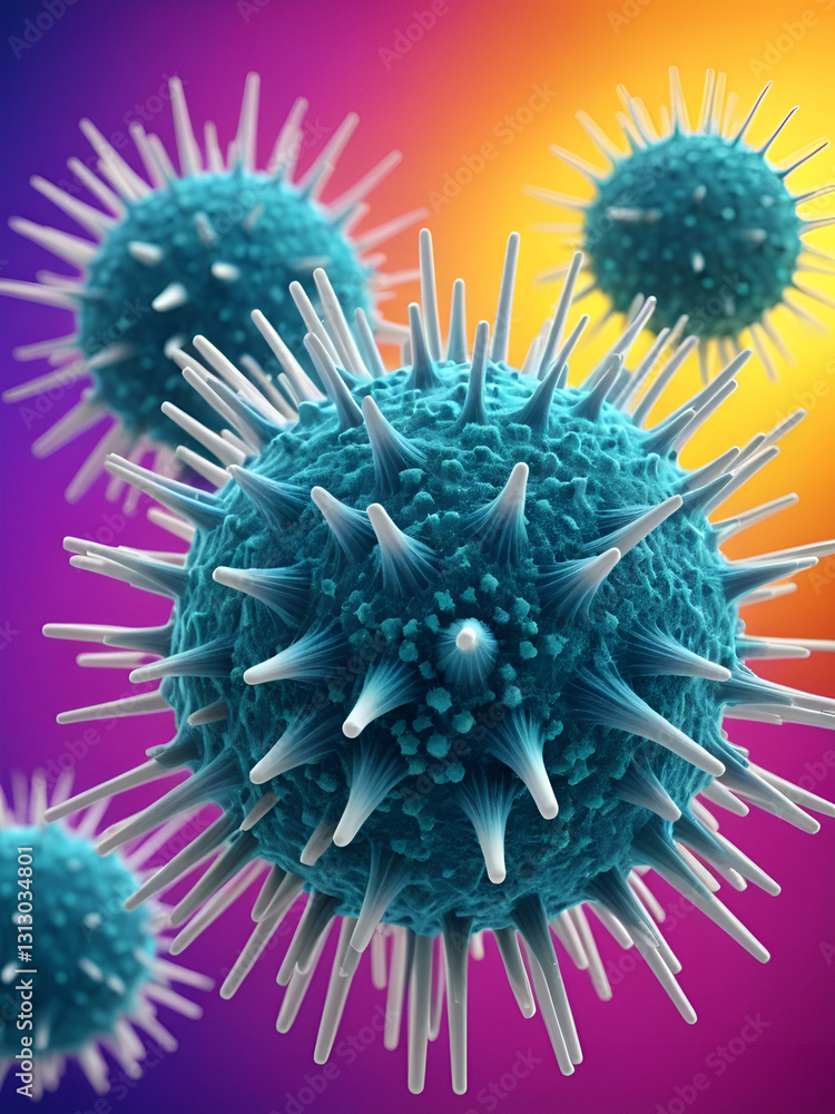 Influenza virus on colorful background showing surface glycoprotein ...