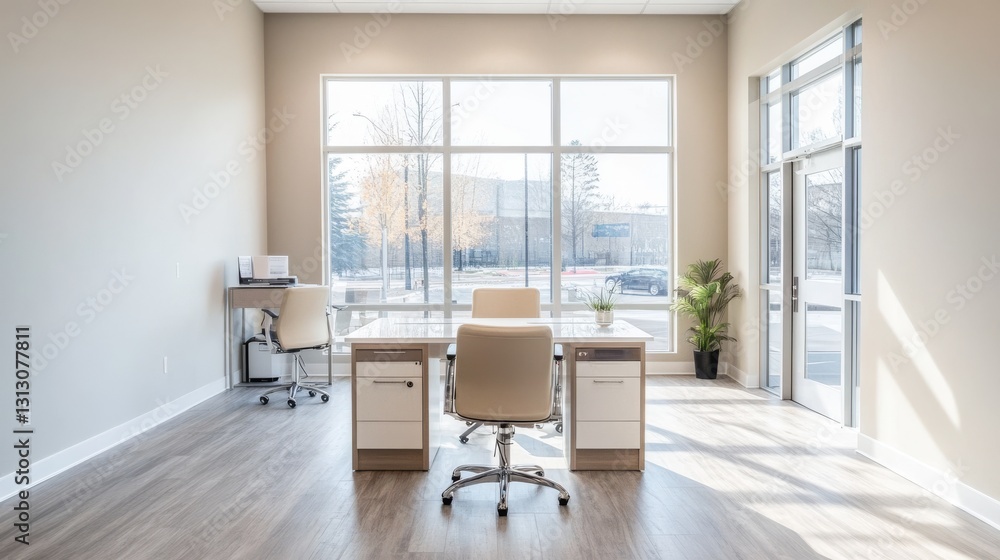 11.A spacious, empty modern office featuring a clean desk with ...