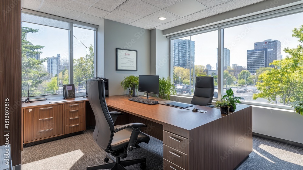 11.A spacious, empty modern office featuring a clean desk with ...