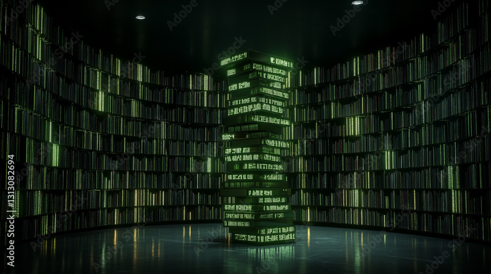 Illuminated Data: a tall pillar of shimmering, vibrant text stands in ...