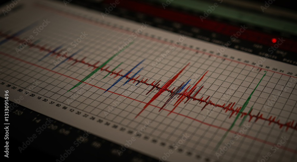 Seismograph Record with earthquake activity showing green, blue, and red waveform graph on paper ...