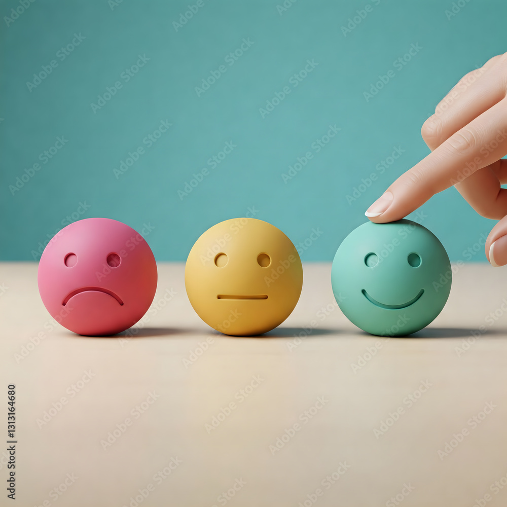 Finger selects happy mood emoji ball in feedback rating concept three ...