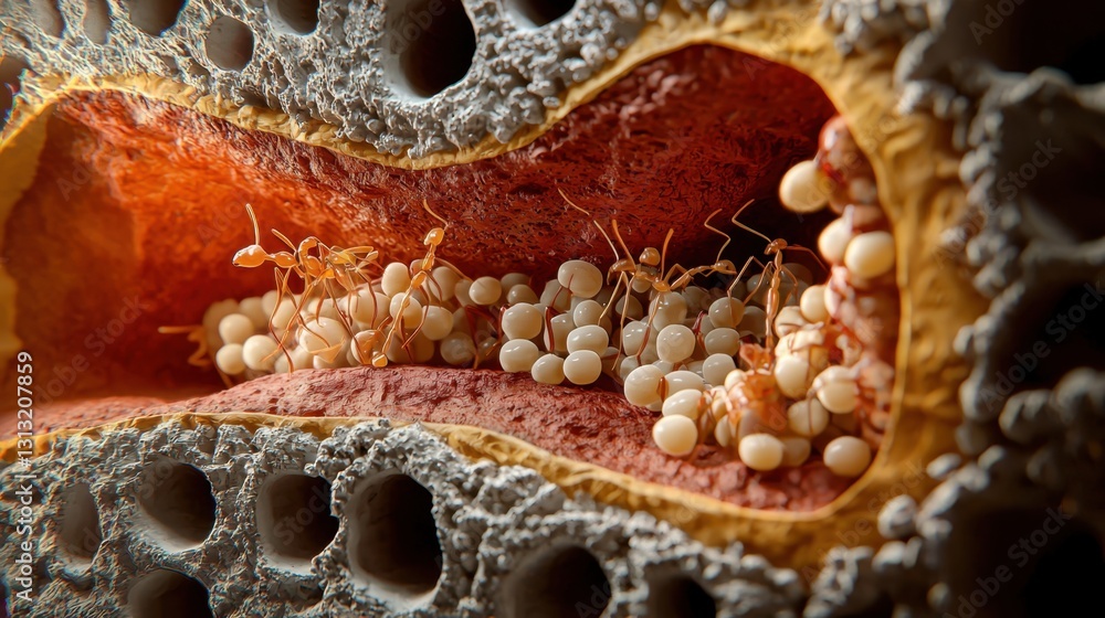 Highly detailed 3D cross-section of an ant nest, depicting queen ants ...