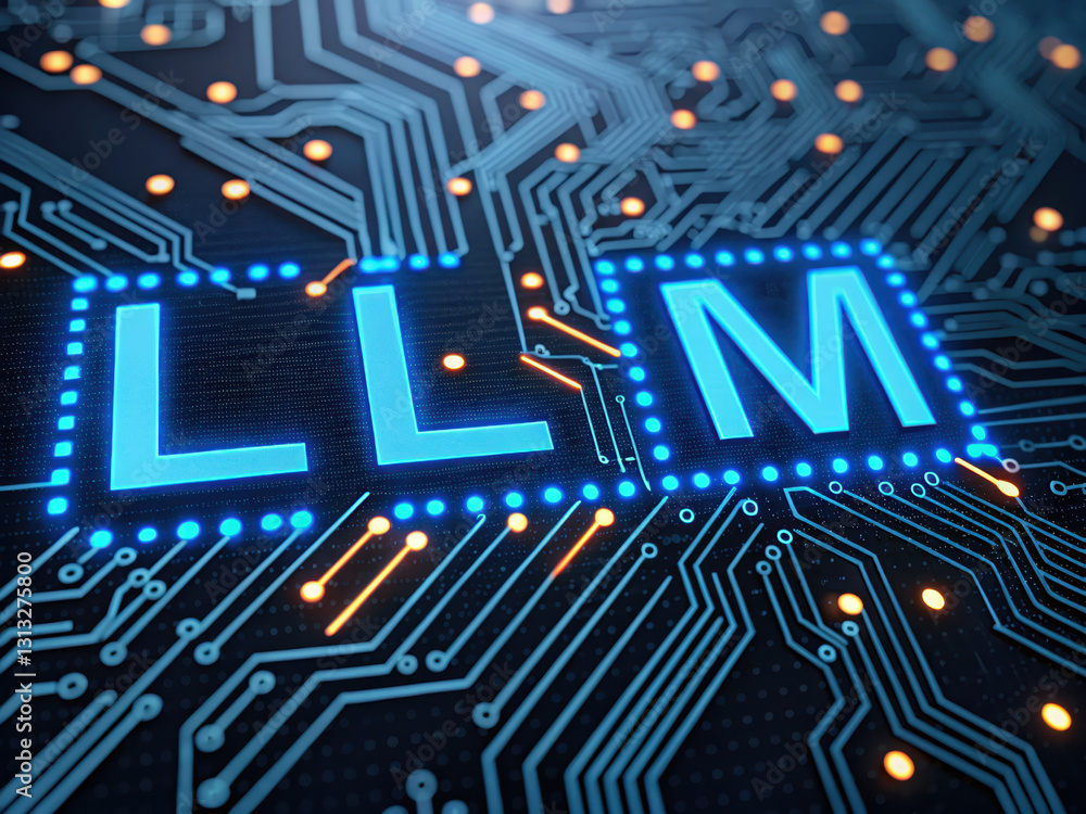 Blue glowing letters LLM on circuit board background, showcasing ...