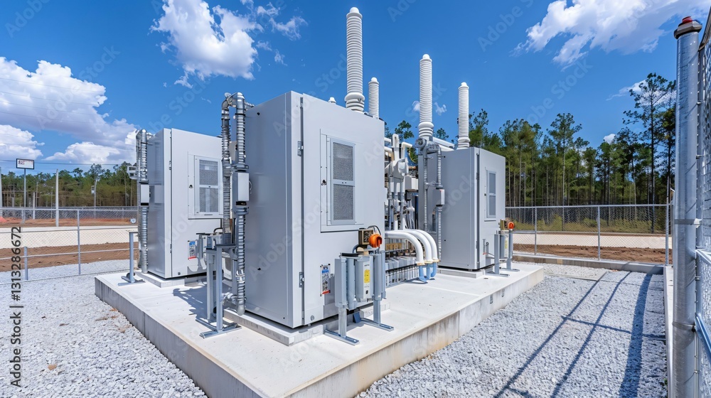 Electrical substation filled with complex power lines, transformers ...