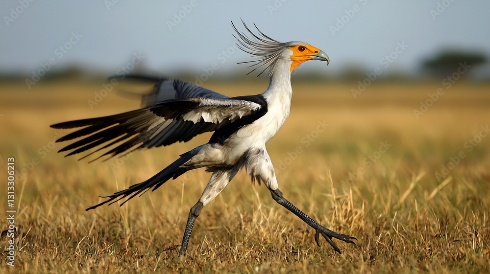 Striking Secretary Bird striding through the African savanna its long ...