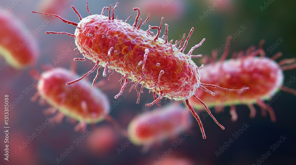 Microscopic image of rod-shaped bacteria with numerous flagella ...