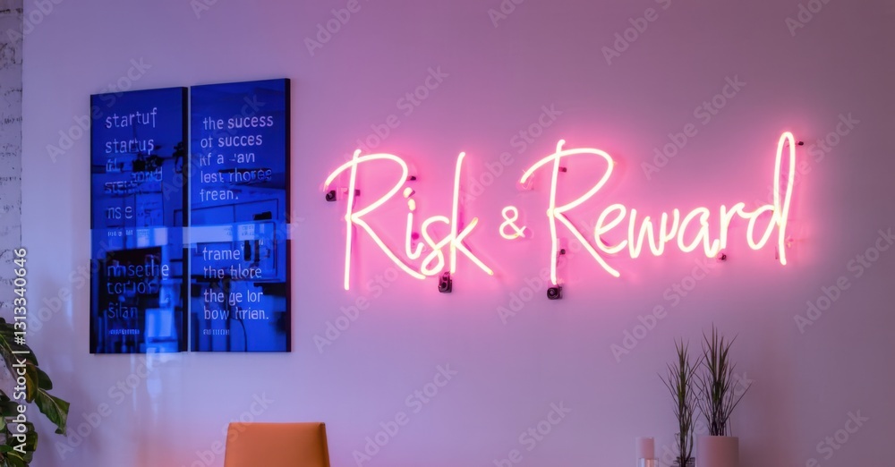 Neon sign risk reward deep sapphire soft pink mounted venture ...