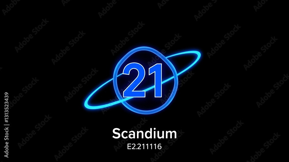 3D illustration of Scandium as Element 21 of the Periodic Table. Blue ...