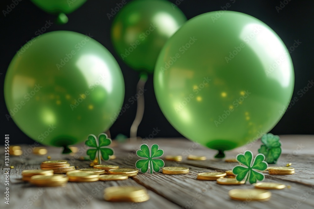 Collection of green balloons with gold coins and clovers scattered on a ...