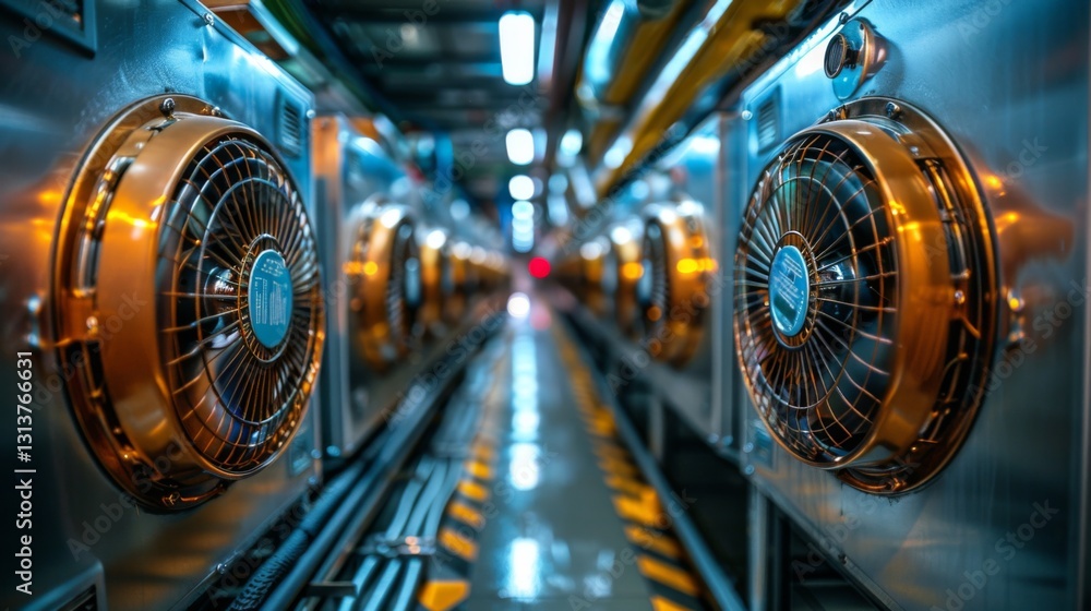 Long rows of cooling tower sets, cooling fans in the data center room ...
