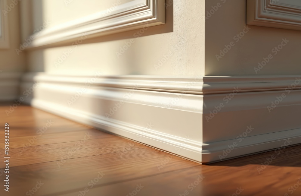 Close-up on skirting board where wall meets wooden floor, installed in ...
