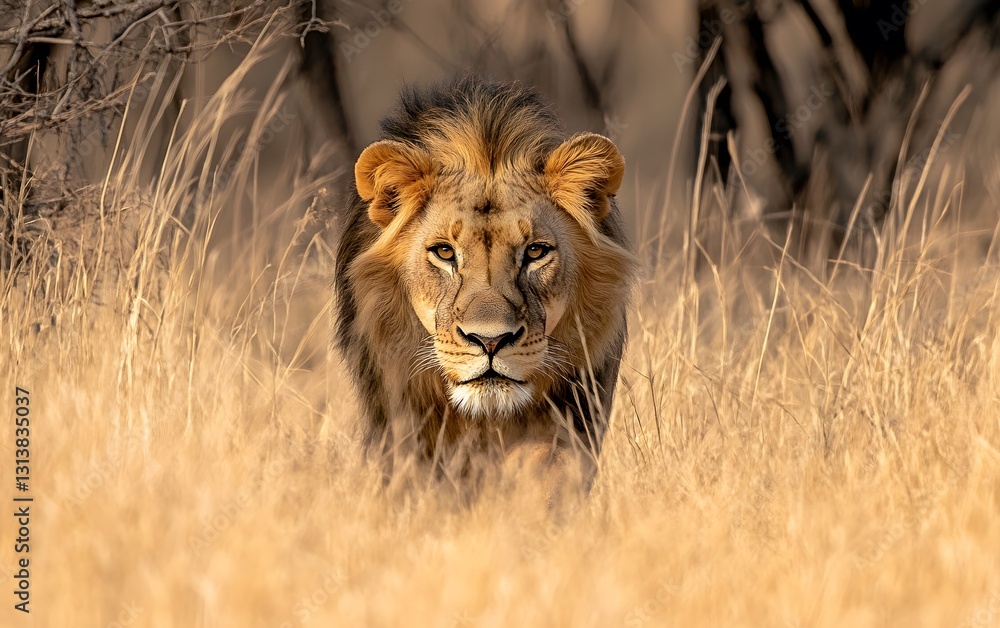 13. A powerful Asiatic lion prowling through the dry grasslands Stock ...
