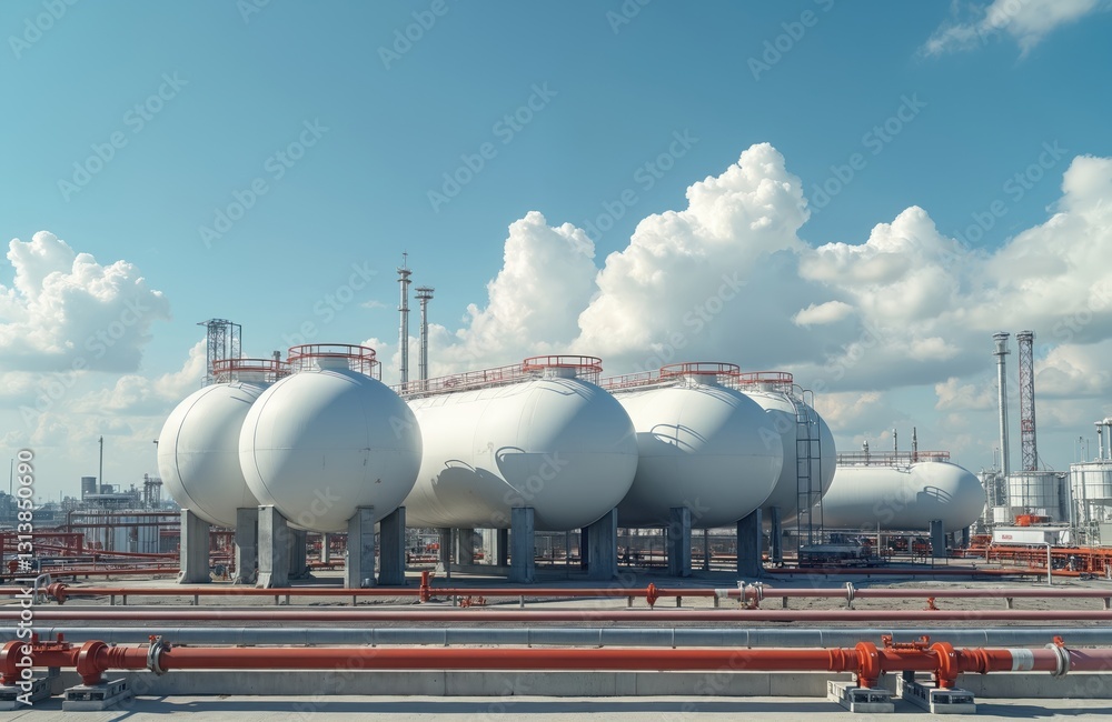 Spherical propane tanks containing fuel gas under blue sky. White ...