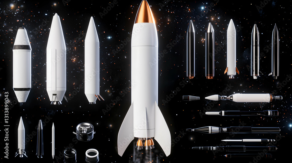 Several assembled and disassembled rocket models on a space backdrop ...