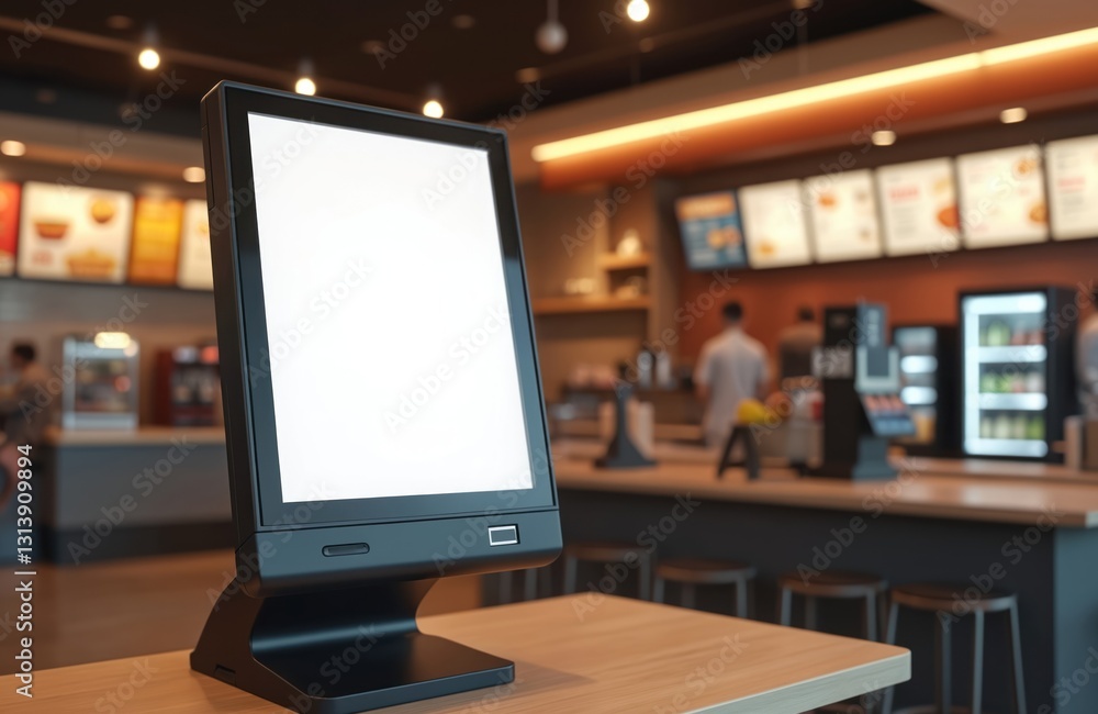 Close-up of self-service touchscreen display in fast food restaurant ...