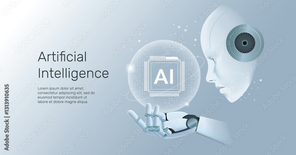 AI humanoid head side view holding processor hologram, machine learning, neural network ...