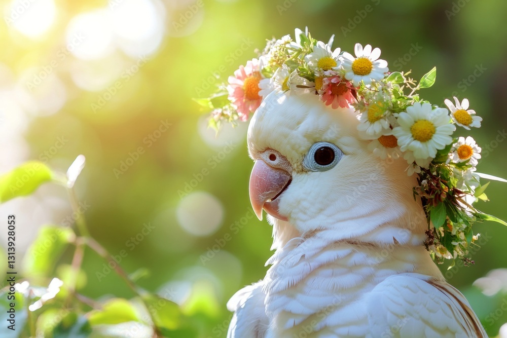 Summer happiness. Sunny daylight. Cute baby animal cockatoo wearing ...