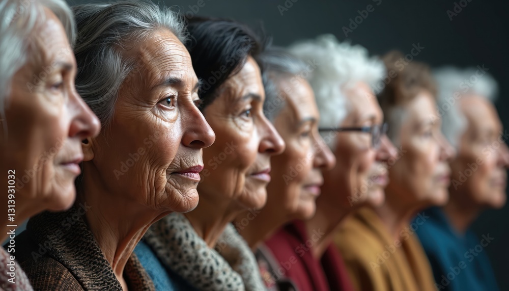 Diverse group of senior women in profile view. Focus on faces with ...
