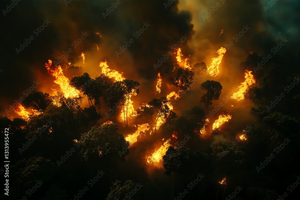 Top view of jungle on fire, big trees on fire, climate change Stock ...